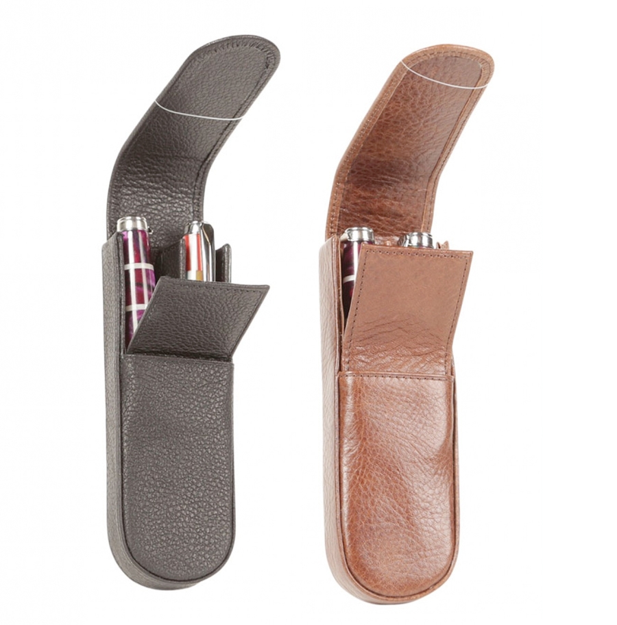 Aston Leather Hard Double Slot Pen Pouch With Front Flap