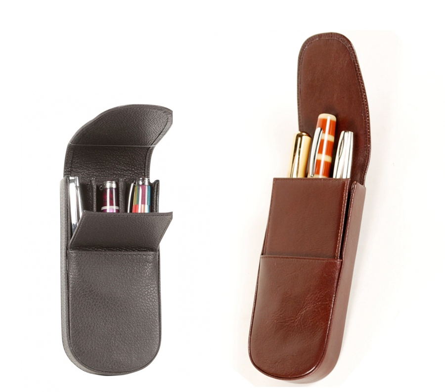Aston Leather Hard Triple Slot Pen Pouch With Front Flap