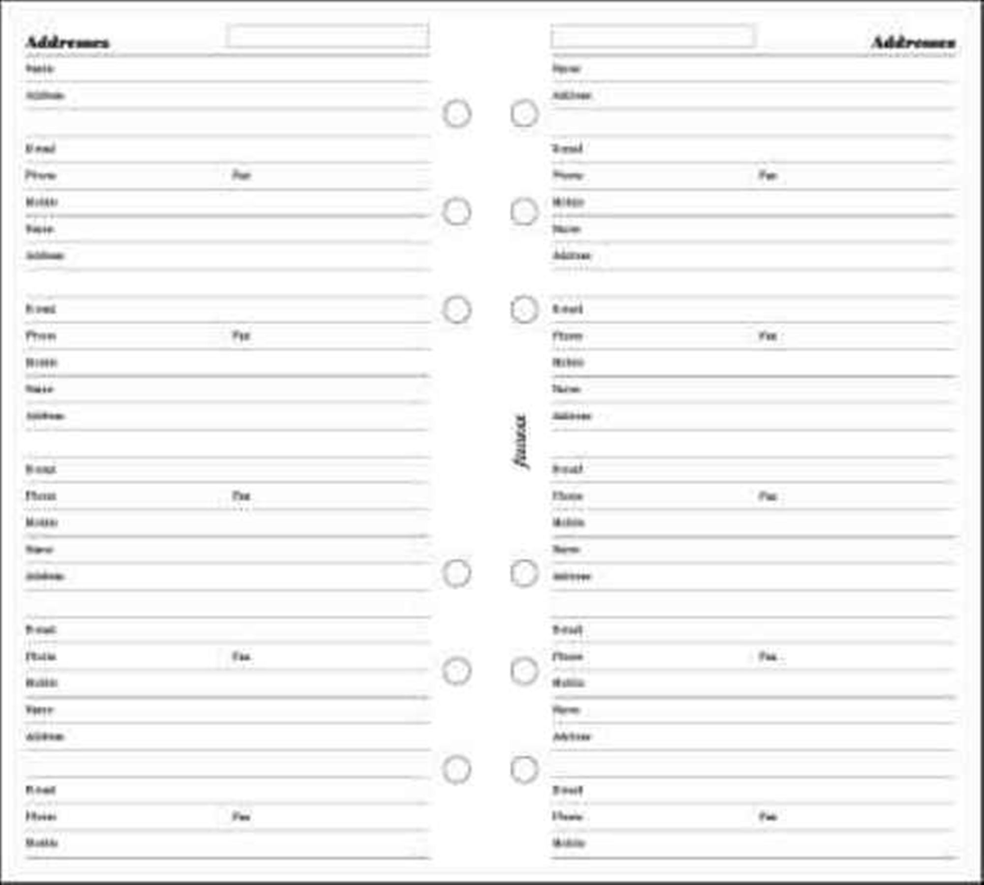 Filofax Personal Name, Address, Phone and Fax Sheets White