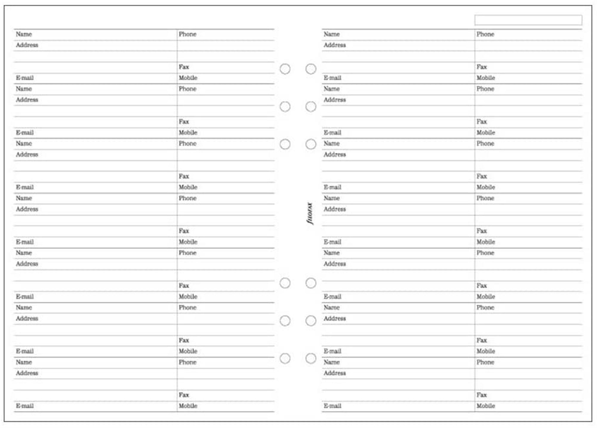 Filofax A5 Name, Address, Phone, and Fax Sheets