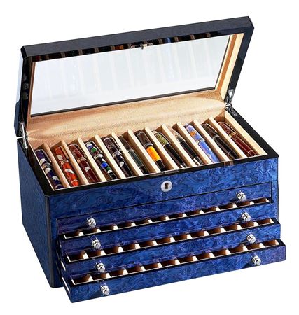 Venlo Blue Collection 60 Slot Pen Box With Glass Top